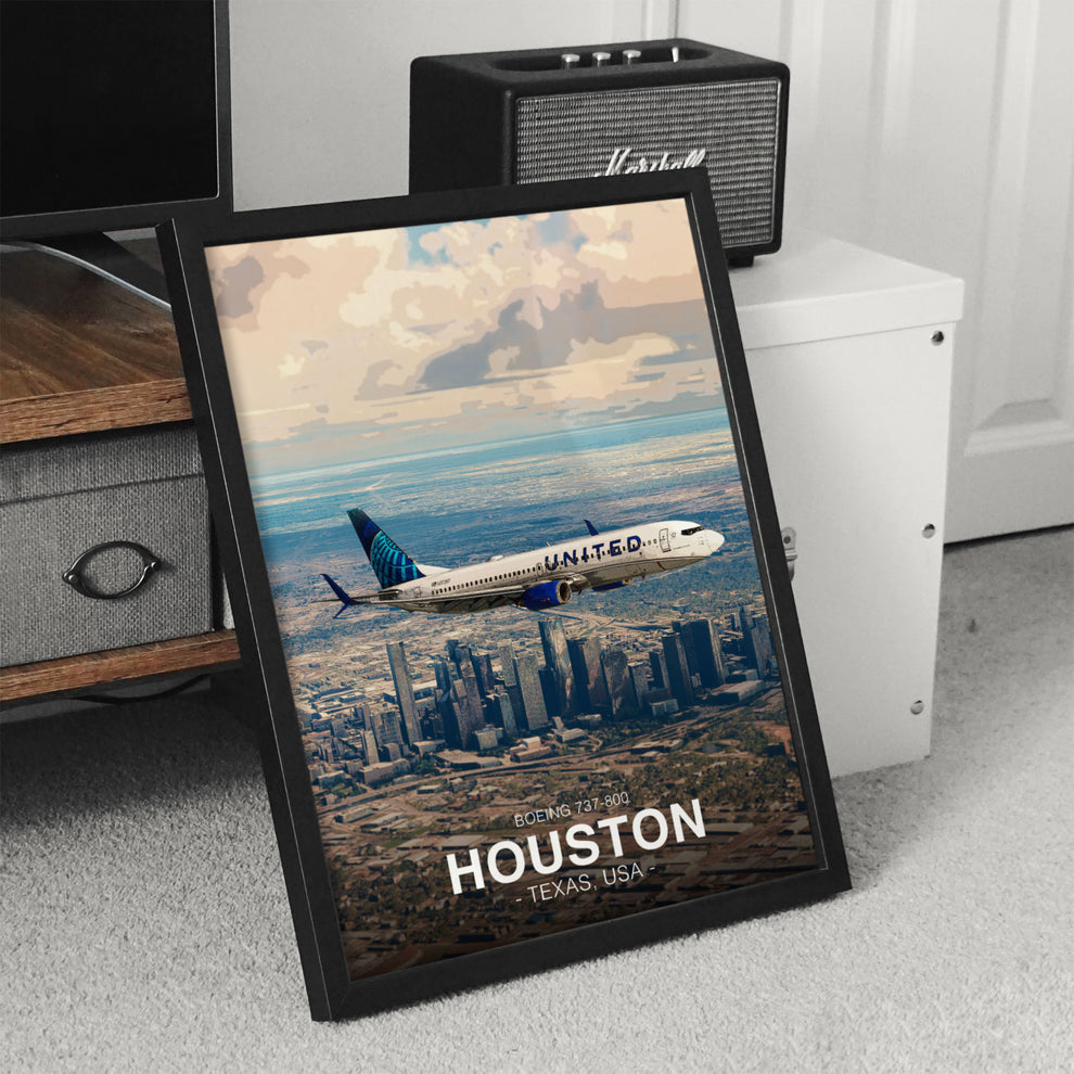 United Airlines Boeing 737 Poster - Houston Cityscape – Headwind Designs